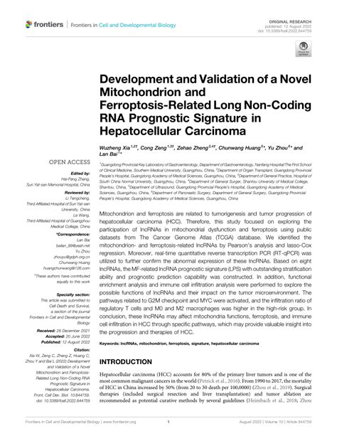 Pdf Development And Validation Of A Novel Mitochondrion And Ferroptosis Related Long Non