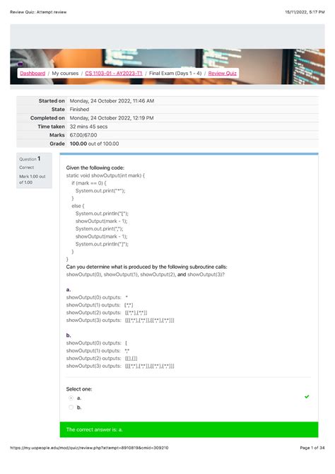 CS Review QUIZ Attempt Review Question Correct Mark Out Of Started On Monday