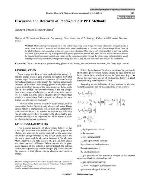 Pdf Discussion And Research Of Photovoltaic Mppt Methods