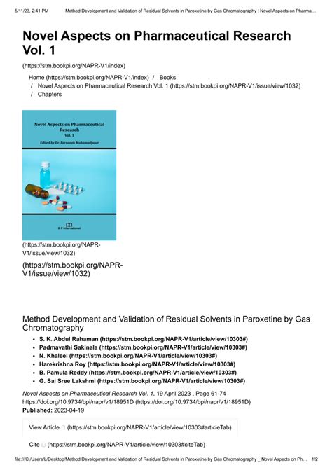 Pdf Method Development And Validation Of Residual Solvents In Paroxetine By Gas Chromatography