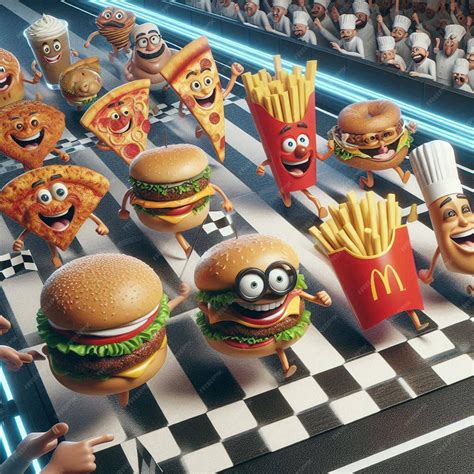 A Bunch Of Cartoon Characters Including Mcdonalds Burgers Hamburgers