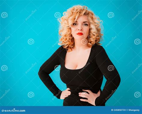 Young Beautiful Blonde Curly Haired Woman Plus Size Body Positive With