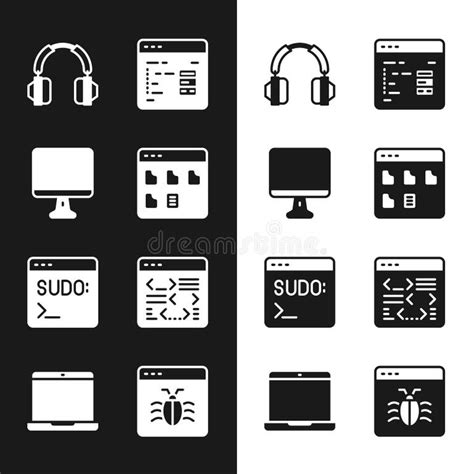 Set Browser Files Computer Monitor Screen Headphones Software Code Terminal System Bug And
