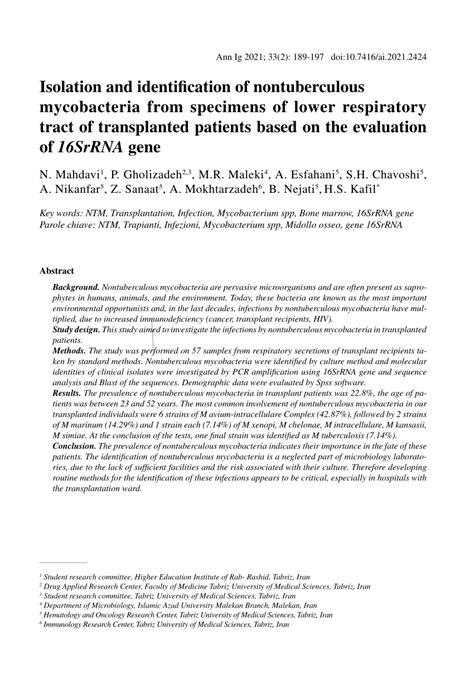 Pdf Isolation And Identification Of Nontuberculous Mycobacteria From Specimens Of Lower