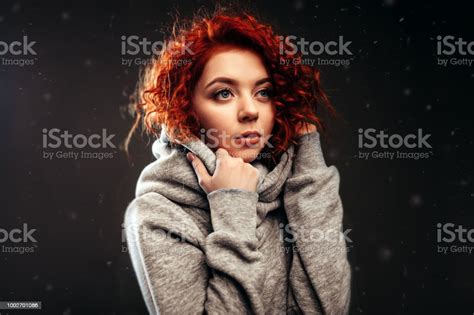 파란 눈을 가진 젊은 귀여운 빨간 머리 여자 초상화 회색 까마귀를 가까이에서 자신을 포장 십대 소녀에 대한 스톡 사진 및 기타 이미지 십대 소녀 편안한 후드티