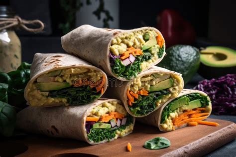 Stack Of Wraps Bursting With Freshly Chopped Veggies And Hummus Stock Illustration
