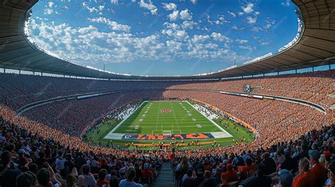 A Packed Football Stadium With Fans Cheering And The Field Visible In