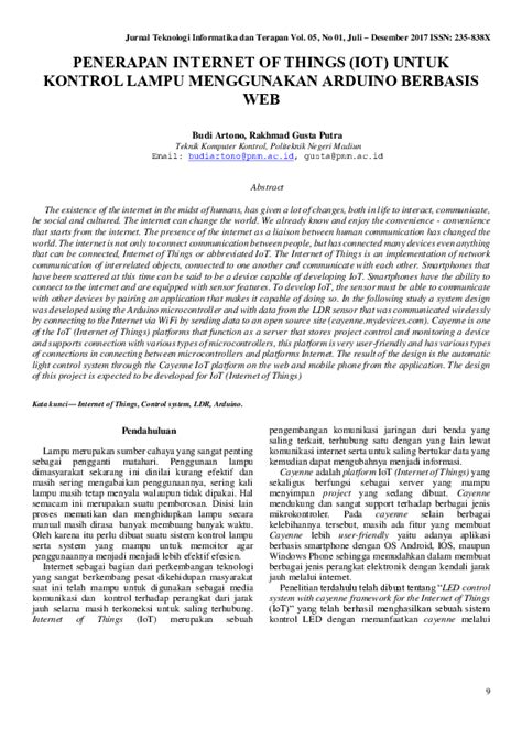 Pdf Penerapan Internet Of Things Iot Untuk Kontrol Lampu Menggunakan Arduino Berbasis Web