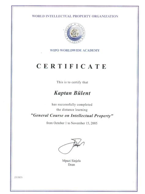 Wipo Worldwide Academy Certificate Of General Course On Intellectual Property Kaptan