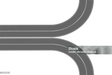 두 개의 아스팔트 도로가 서로 다른 방향으로 돌고 있습니다 공중 상단 보기입니다 흰색 배경에 격리 된 표시와 고속도로 부분 도시