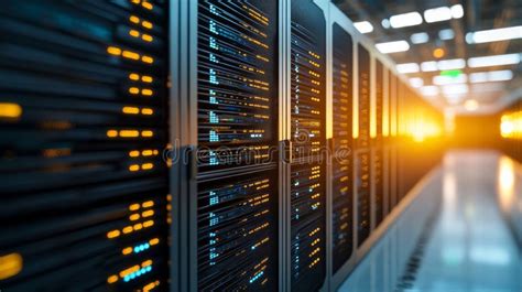 In The Digital Data Center The Corridor Features Glowing Server Racks Stock Image Image Of