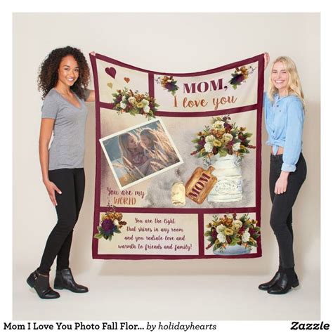 Mom I Love You Photo Fall Floral Script Text Fleece Blanket Zazzle