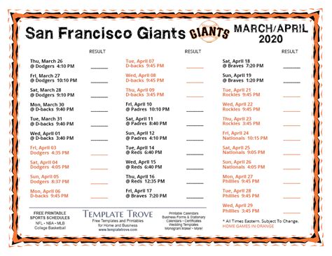 Printable 2020 San Francisco Giants Schedule