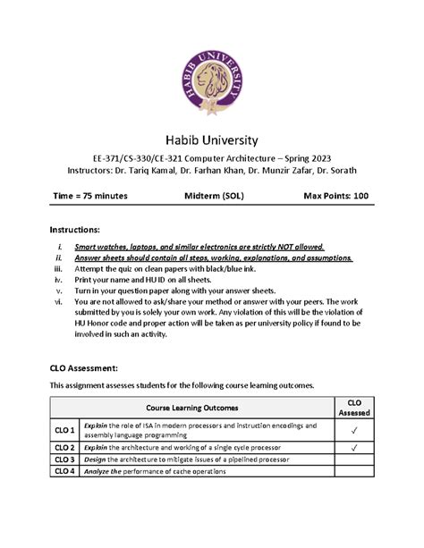Old Midterm Solution V2 Habib University EE 371 CS 3 30 CE 321