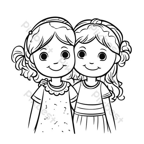 Outline Sketch Two Black And White Sisters Standing Together Coloring