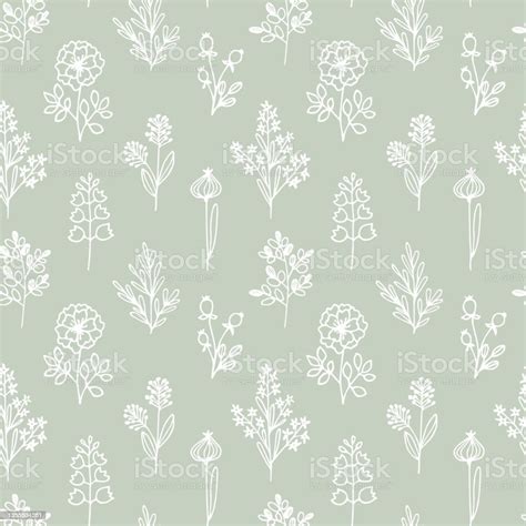 간단한 꽃 나뭇 가지 잎과 매끄러운 패턴 녹색 배경 스케치 미니멀리즘에 흰색 선 천연 및 유기농 화장품 직물장식을 위한 벡터 일러스트레이션 꽃 꽃의 구조에 대한 스톡 벡터