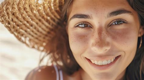 Close Up Face Of Happy Young Woman With Straw Hat Enjoying Her Summer Holidays Portr Generative