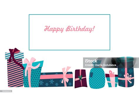 프레임에 텍스트와 생일 엽서 선물 상자 축제 포장지에 복잡한 다른 형태 크기 휴일은 리본과 활선물 핑크 청록색의 래그 백 과 포장 계절에 대한 스톡 벡터 아트 및 기타