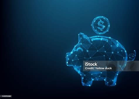 추상 돼지 저금통 낮은 폴리 와이어 프레임 돈 사업 개념을 저장하십시오 텍스트 입력을위한 복사 공간 파란색 어두운 배경에 고립되어 있습니다 벡터 일러스트 레이 션 미래
