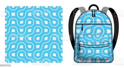 어린이 학교 배낭은 선과 프랙탈 장식으로 추상적인 기하학적 파란색 이음매 없는 패턴을 장식했습니다 포스터 디자인 및 직물 인쇄를 위한 벡터 장식 0명에 대한 스톡 벡터 아트