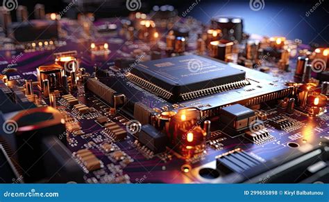 Modern Computer Board Microcircuit Microchip Motherboard With Processor And Transistors