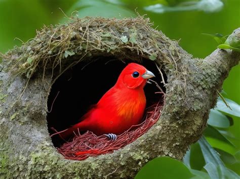 Premium Ai Image Scarlet Tanager Sits On A Branch In The Forest And