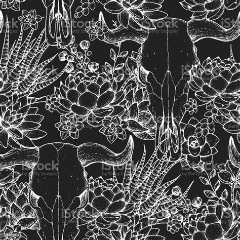 버팔로 해골과 꽃 스케치 원활한 패턴 손으로 그린 그림 와일드 웨스트 프린트 벡터 일러스트레이션 문신 빈티지 인쇄 버팔로 해골과