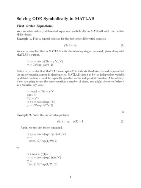 Solving Ode Symbolically In Matlab Pdf Ordinary Differential