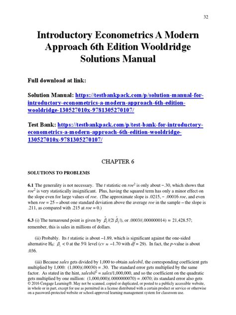 Introductory Econometrics A Modern Approach 6th Edition Wooldridge Solutions Manual 1 Pdf