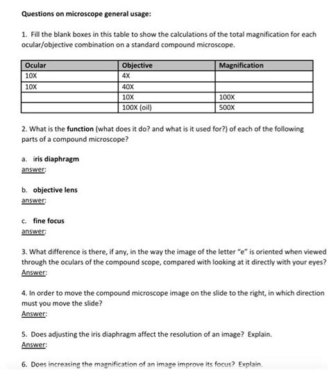 Solved Questions On Microscope General Usage 1 Fill The