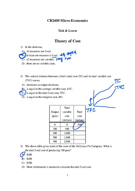 06 Cb2400 Tick And Learn Theory Of Cost Cb2400 Micro Economics Tick And Learn Theory Of Cost In