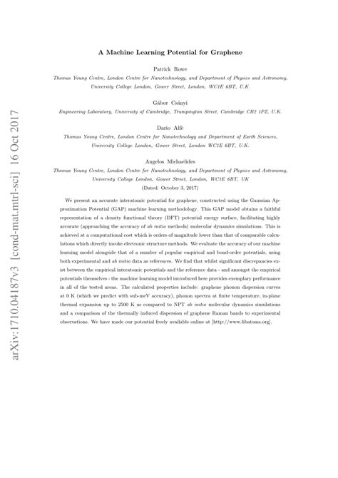 Pdf A Machine Learning Potential For Graphene