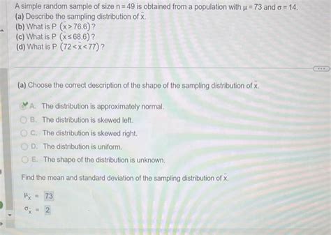 solved a simple random sample of size n 49 is obtained from