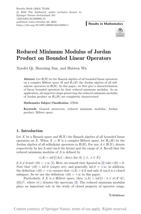 Reduced Minimum Modulus Of Jordan Product On Bounded Linear Operators Request Pdf