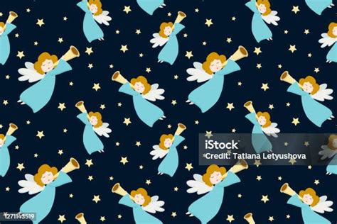 파란색 옷을 입고 어두운 배경에 파이프와 황금 머리에 비행 천사와 벡터 원활한 패턴 엽서 포스터 포장지 선물용 디자인 12월에