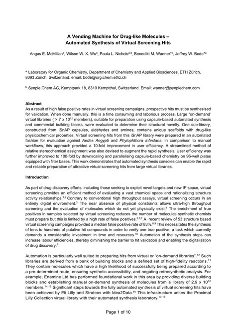 Pdf A Vending Machine For Drug Like Molecules Automated Synthesis Of Virtual Screening Hits