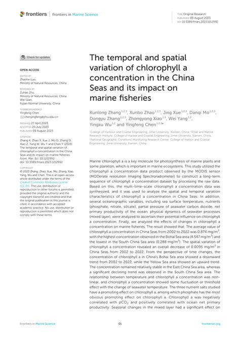 Pdf The Temporal And Spatial Variation Of Chlorophyll A Concentration In The China Seas And