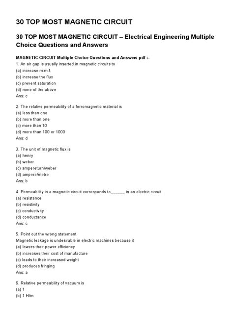 Magnetic Circuit Electrical Engineering Multiple Choice Questions And Answers Pdf Inductor