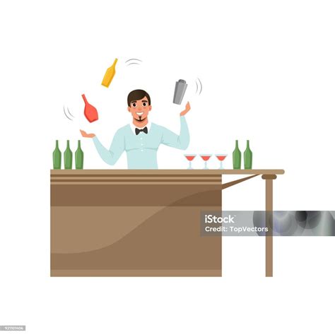 밝은 바텐더 저글링 화려한 병 바 뒤에 서 서 카운터 흰색 배경에 일 만화 벡터 일러스트 레이 션에 바텐더 문자 남자에 대한