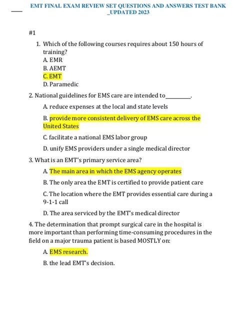 EMT FINAL EXAM REVIEW SET QUESTIONS AND ANSWERS TEST BANK EMT Stuvia US