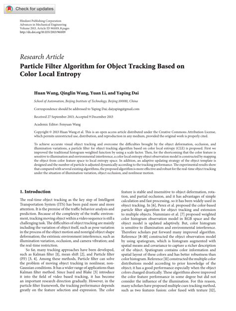 Pdf Particle Filter Algorithm For Object Tracking Based On Color Local Entropy