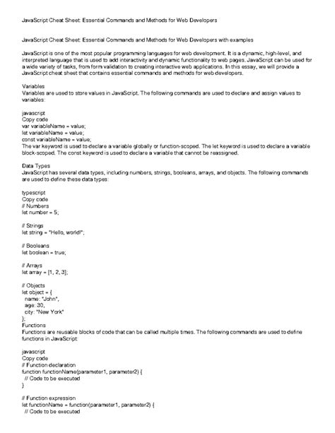 Java Script Cheat Sheet Essential Commands And Methods For Web