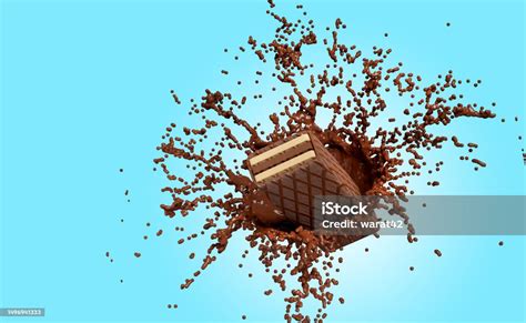 파삭파삭한 웨이퍼 스틱이 있는 3d 핫 초콜릿 스플래쉬는 파란색 배경에 분리되어 있다 패키징 광고 3d 렌더링 일러스트레이션 클리핑 경로 바에 대한 스톡 사진 및 기타