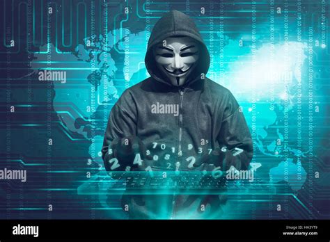 Hacker In Mask Typing Keyboard Hacking Binary Data System Security