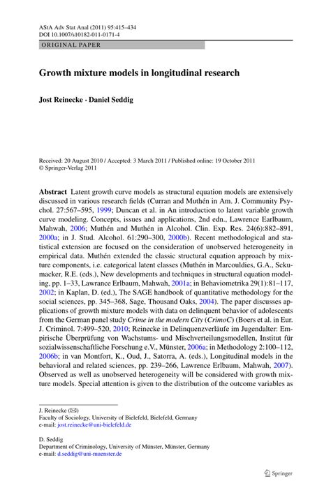 Pdf Growth Mixture Models In Longitudinal Research