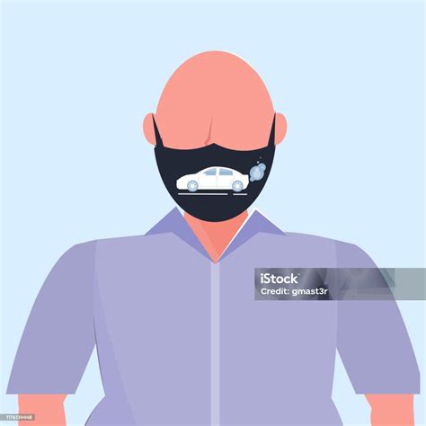 남자 자동차 배기 파이프 아이콘 스모그 공기 오염 바이러스 보호 생태 개념 남자 프로필 아바타 남성 만화 캐릭터 평면 보호 얼굴