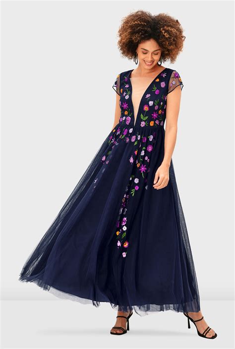 Shop Plunge Floral Embroidery Sheer Mesh Dress Eshakti