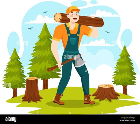 Men Chopping Wood And Cutting Tree With Lumberjack Work Equipment Machinery Or Chainsaw In Flat