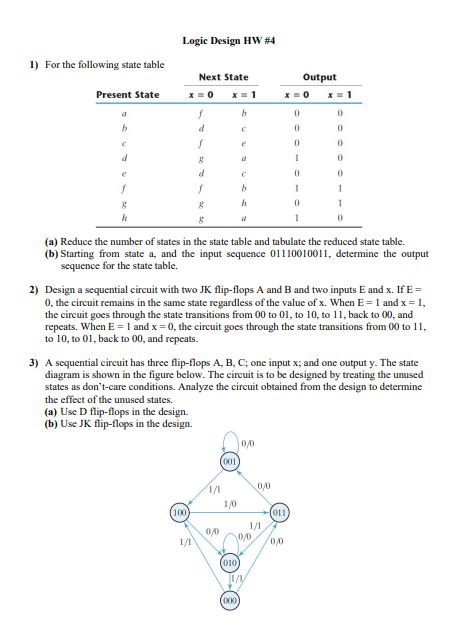 Solved Logic Design HW 4For The Following State Table A Chegg Com