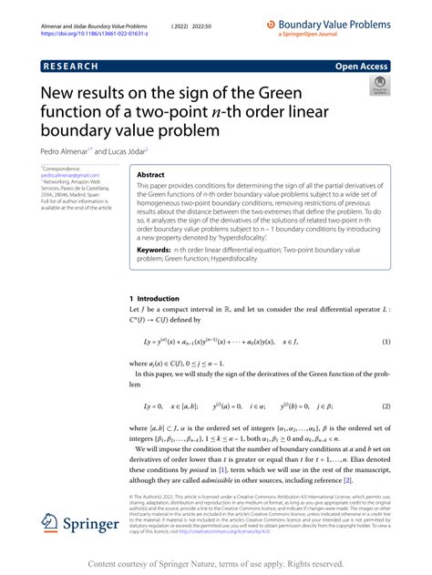 Pdf New Results On The Sign Of The Green Function Of A Two Point N Th Order Linear Boundary